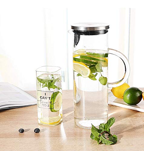 Cedilis 50 OZ Glass Pitcher with Stainless Lid and Handle, Glass Water Carafe Beverage Bottles Iced Tea Pitcher for Hot Cold Water, Ice Lemon Tea and Juice