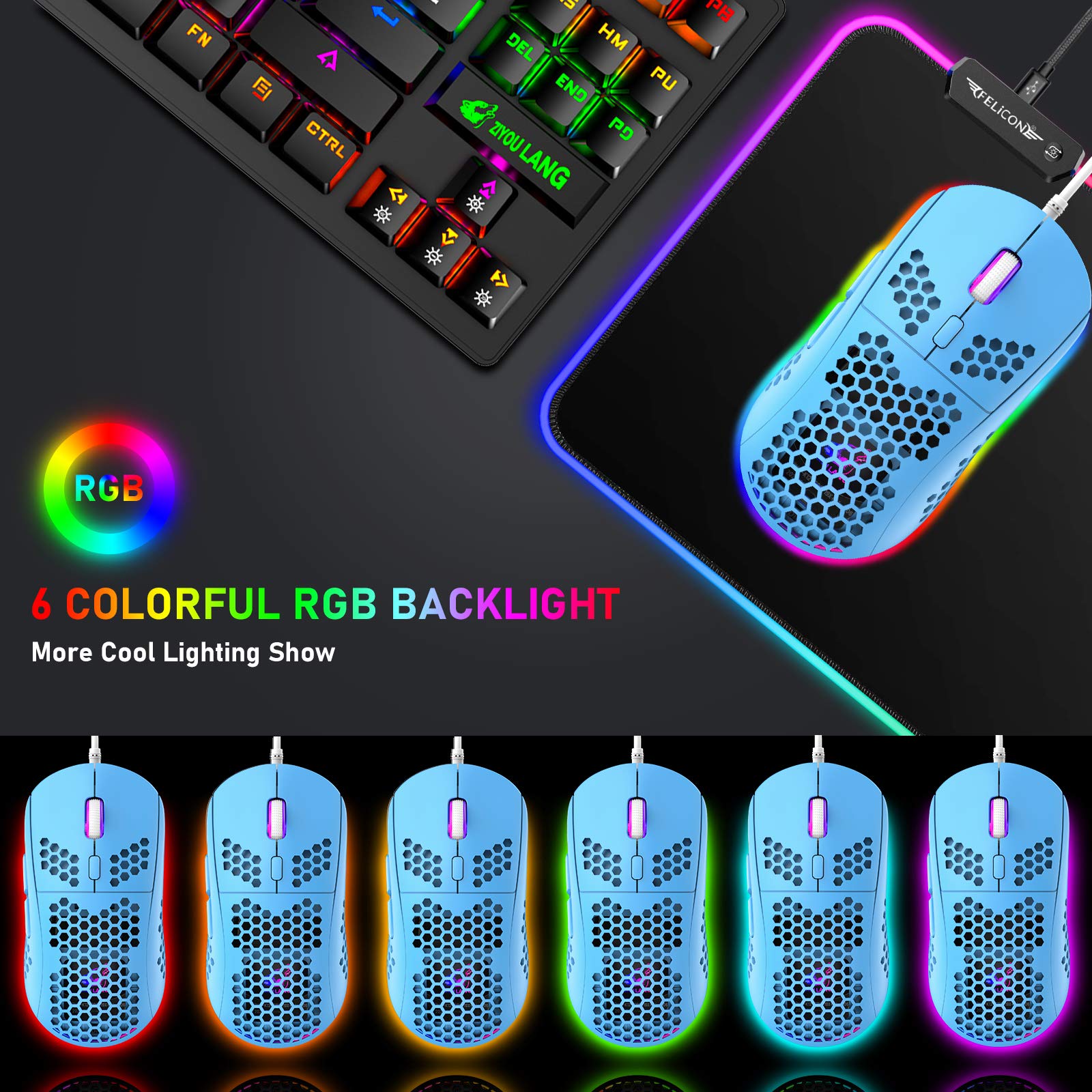SELORSS 60% True Mechanical Keyboard and Mouse Combo,Compact Mini 62 Keys Chroma 20 Rainbow Backlit,Linear Switch,6400 DPI Optical&65g Lightweight RGB Gaming Mouse with Cable Holder for PC/Mac (Blue)