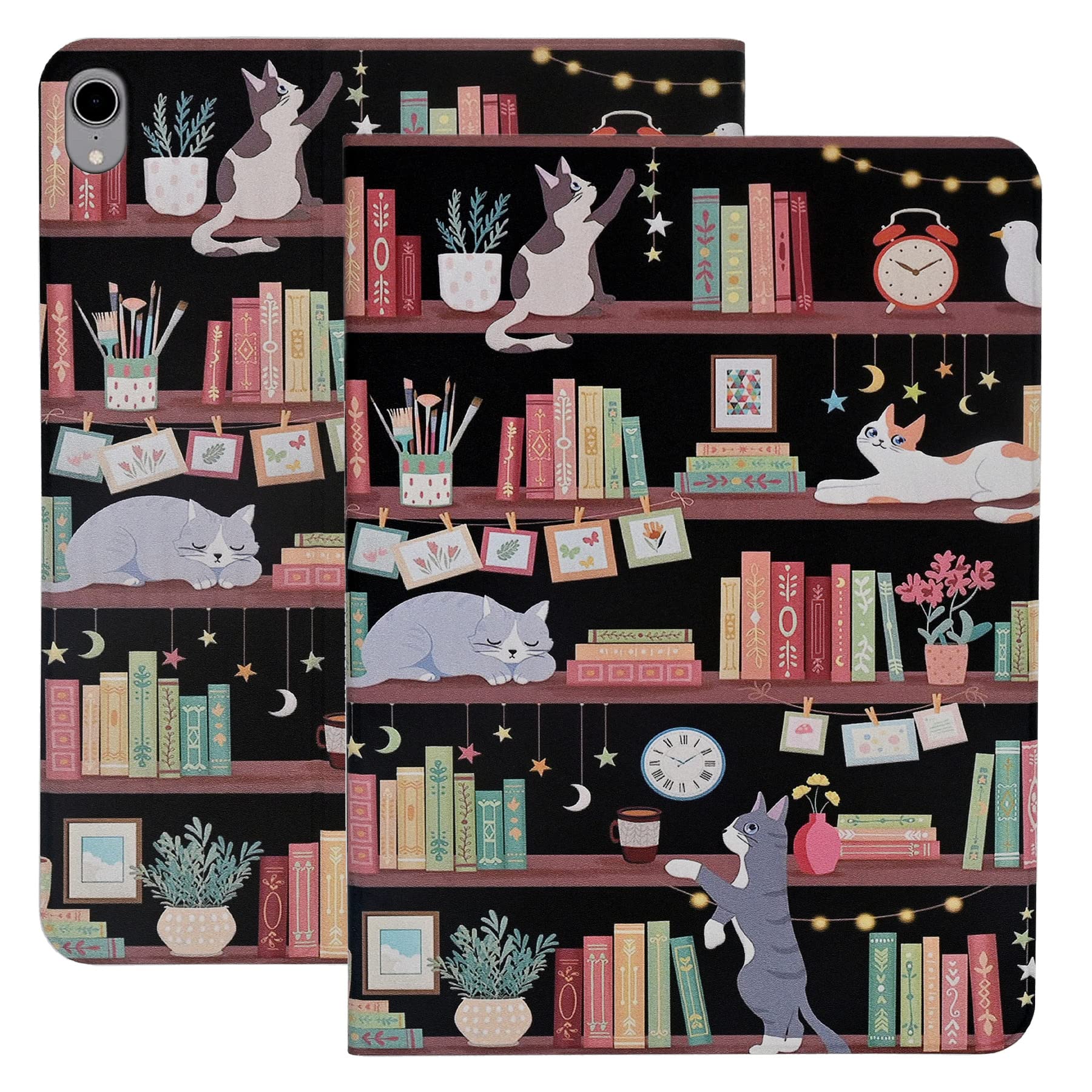 Case for iPad Air 11 Inch M2(2024), iPad Air 6th/5th/4th Gen (2024/2022/2020) 10.9 inch, Slim PU Leather Multi-Angle Smart Shell Stand Cover with Auto Wake/Sleep, Cat on Bookshelf