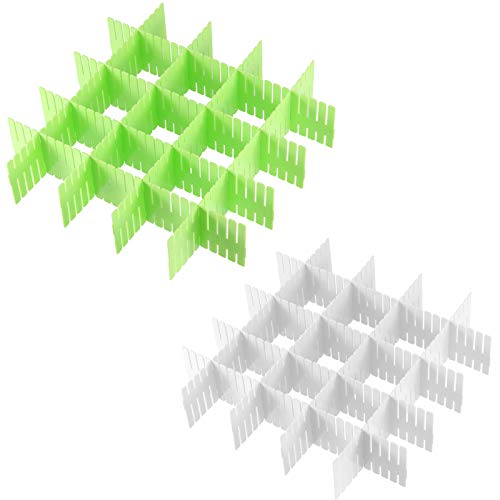 KEILEOHO 56 PCS Plastic Drawer Dividers, Adjustable Grid Drawer Dividers, Drawer Dividers Organizer for Office, Dresser, Drawers, Desktop, Organizing Sock, Underwear, Makeup, 28 Green, 28 White