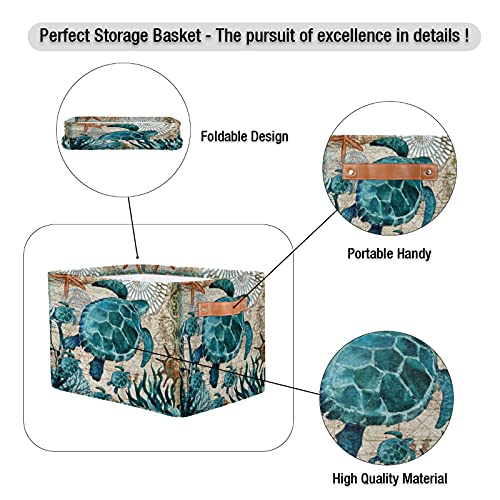 Ocean Turtle Rectangular Storage Bin, Sea Turtle Storage Basket with Handles, Toy Bins, Laundry Hamper, Books Clothes Bag, Gift Baskets for Nursery Home Closet