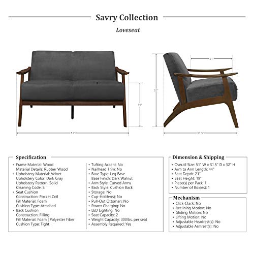 Lexicon Savry Living Room Loveseat, Dark Gray