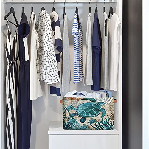 Ocean Turtle Rectangular Storage Bin, Sea Turtle Storage Basket with Handles, Toy Bins, Laundry Hamper, Books Clothes Bag, Gift Baskets for Nursery Home Closet
