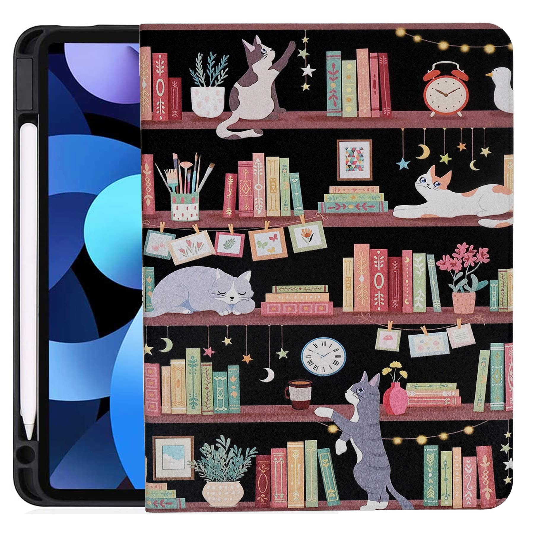 Case for iPad Air 11 Inch M2(2024), iPad Air 6th/5th/4th Gen (2024/2022/2020) 10.9 inch, Slim PU Leather Multi-Angle Smart Shell Stand Cover with Auto Wake/Sleep, Cat on Bookshelf