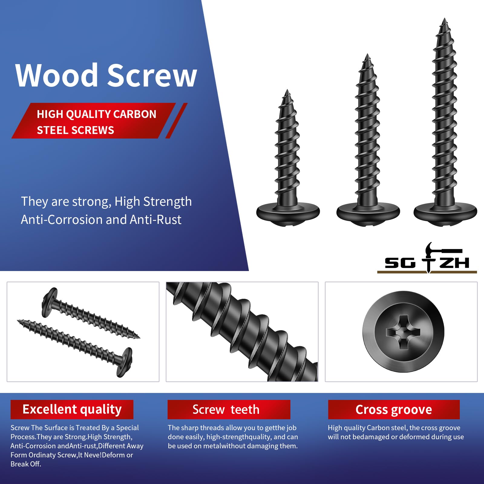#8 x 1/2" Wood Screw 100Pcs Alloy Steel Standard Thread Truss Head Fast Self Tapping Black Oxide by SG TZH