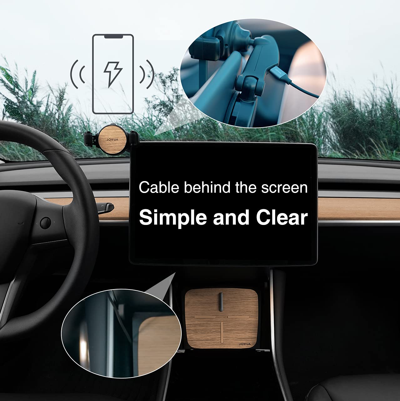 JOWUA 480° Rotation Car Mount with Wireless Charging 10w for Tesla Model 3 & Model Y, Compatible with Phone 13 Pro Max, iPhone 13 Pro and Other 4.7-6.5'' Smartphones