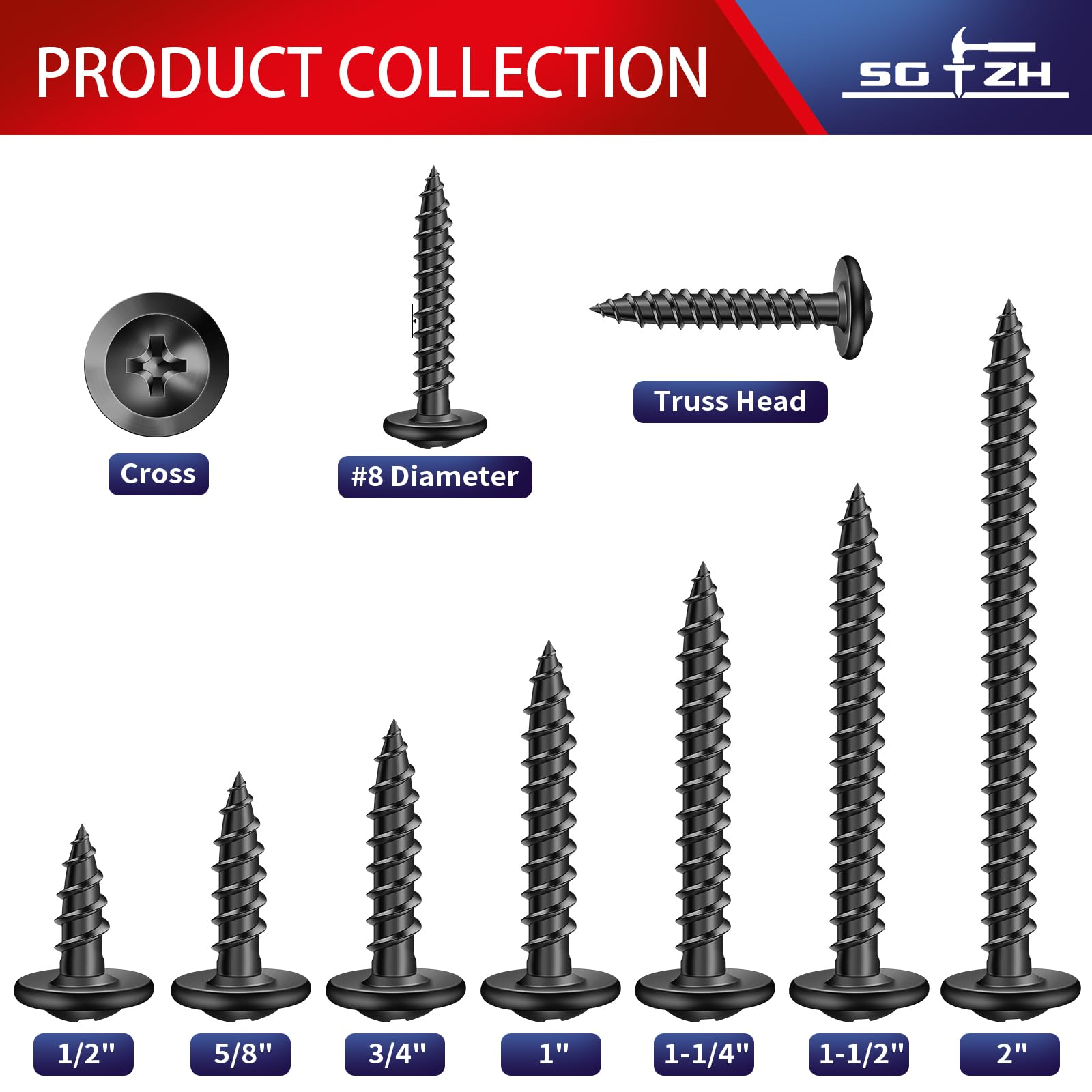 #8 x 1/2" Wood Screw 100Pcs Alloy Steel Standard Thread Truss Head Fast Self Tapping Black Oxide by SG TZH