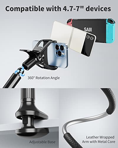 SAIJI Gooseneck Phone Holder for Bed Overall Length 38.6” Flexible Leather Wrapped Arm Overhead Cell Phone Mount Stand with 360° Adjustable Clamp Clip, Compatible with All 4-7” Cellphones (Black)
