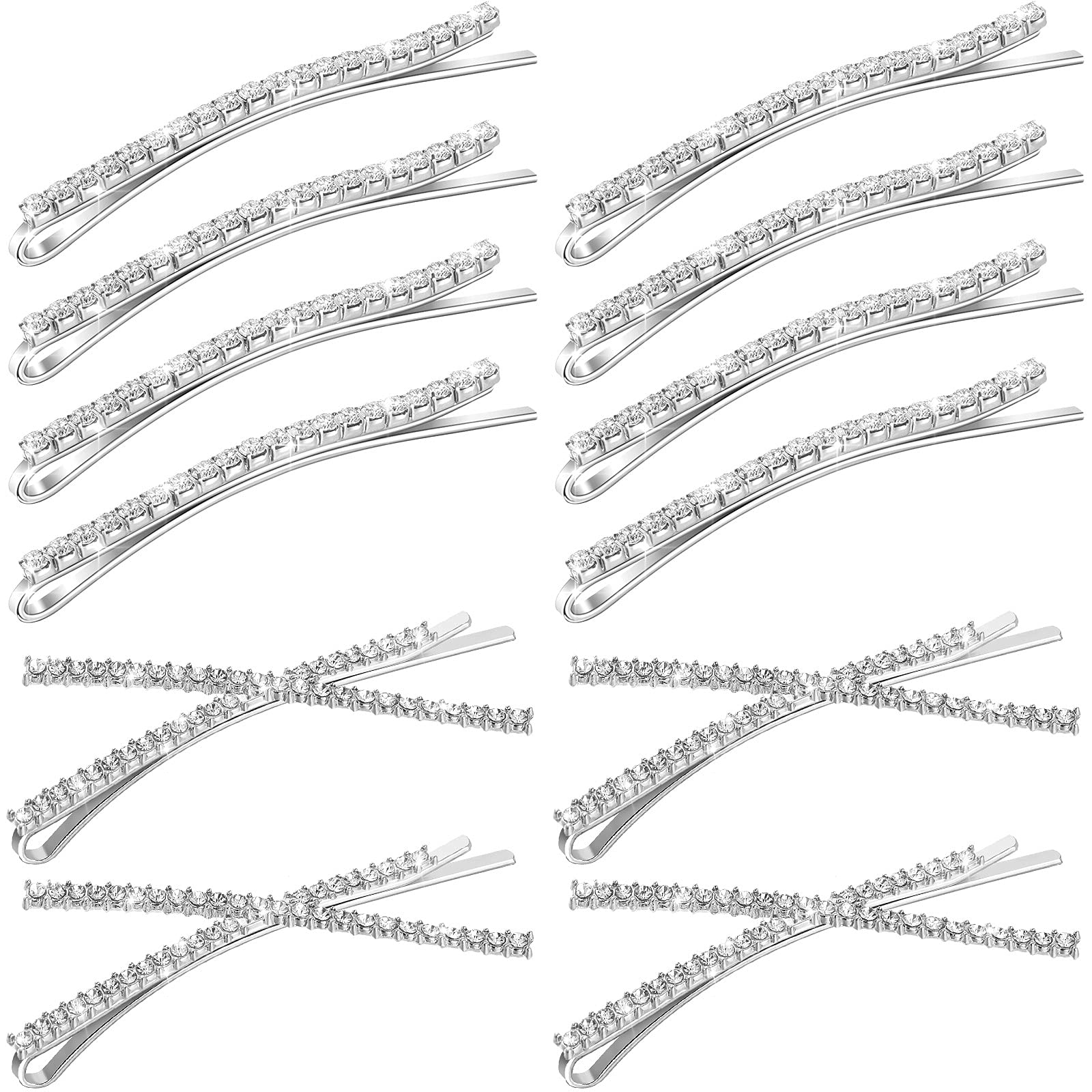 12 Pieces Rhinestone Bobby Pins Decorative Fancy Crystal Hair Clips Shiny Metal X Shaped Barrettes Bling Diamond Wedding Bridal Shower Hair Accessories for Women Ladies Girls (Silver)