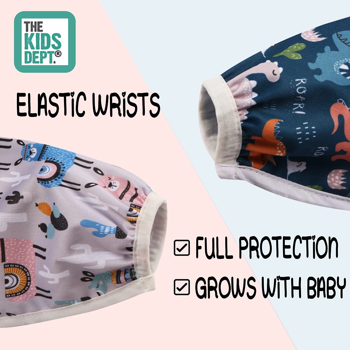 THE KIDS DEPT. Baby Bibs For Boy/Girls, Long Sleeve Bib For Babies, Waterproof Smock, 6-18 Months, Llama & Dinosaur Design -2 Pack
