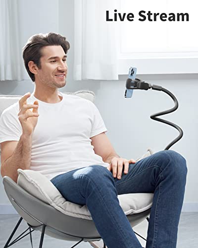 SAIJI Gooseneck Phone Holder for Bed Overall Length 38.6” Flexible Leather Wrapped Arm Overhead Cell Phone Mount Stand with 360° Adjustable Clamp Clip, Compatible with All 4-7” Cellphones (Black)
