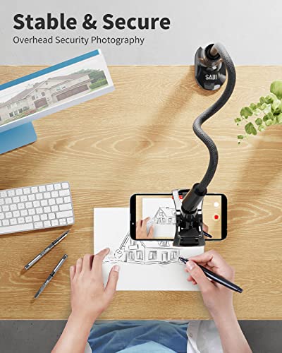 SAIJI Gooseneck Phone Holder for Bed Overall Length 38.6” Flexible Leather Wrapped Arm Overhead Cell Phone Mount Stand with 360° Adjustable Clamp Clip, Compatible with All 4-7” Cellphones (Black)