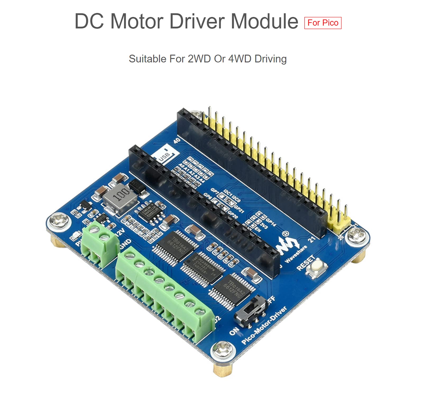 waveshare DC Motor Driver Module for Raspberry Pi Pico, Driving up to 4X DC Motors, Onboard PCA9685 PWM Driver, TB6612FNG Dual H Bridge Motor Driver and 5V Regulator, Suitable for 2WD or 4WD Driving