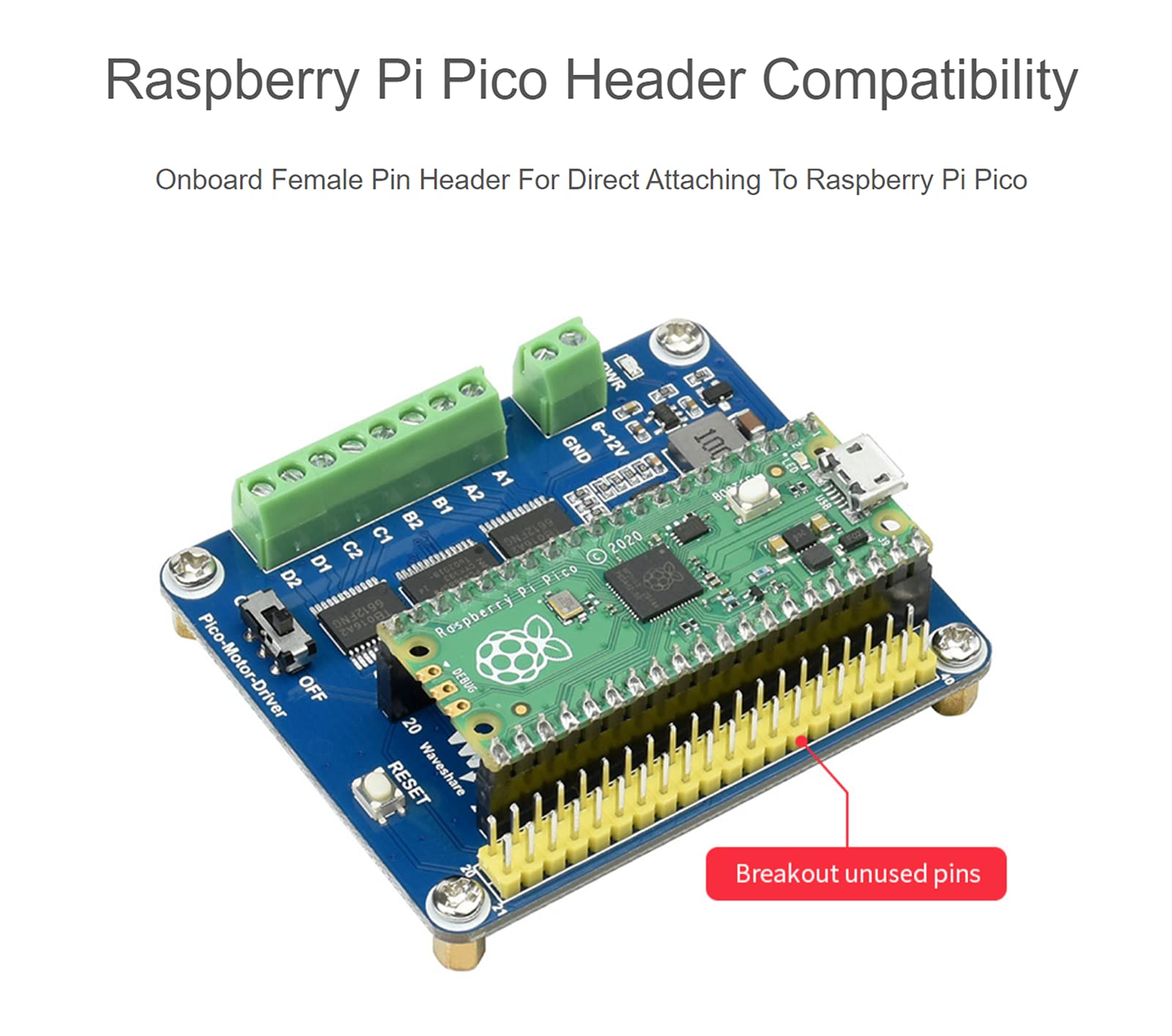 waveshare DC Motor Driver Module for Raspberry Pi Pico, Driving up to 4X DC Motors, Onboard PCA9685 PWM Driver, TB6612FNG Dual H Bridge Motor Driver and 5V Regulator, Suitable for 2WD or 4WD Driving