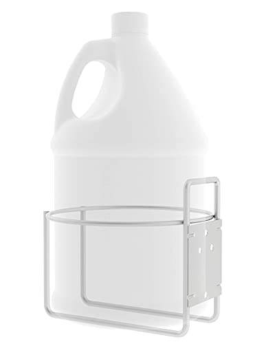 Wall Mounted Gallon Jug Holder w/ Hardware Included | Heavy Duty Steel Frame & Bracket USA Made | Round Bottle Hand Sanitizer, Soap, Detergent & Garage Storage Rack | Powder Coated White