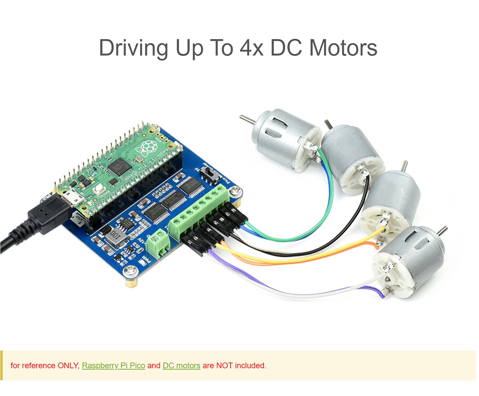 waveshare DC Motor Driver Module for Raspberry Pi Pico, Driving up to 4X DC Motors, Onboard PCA9685 PWM Driver, TB6612FNG Dual H Bridge Motor Driver and 5V Regulator, Suitable for 2WD or 4WD Driving