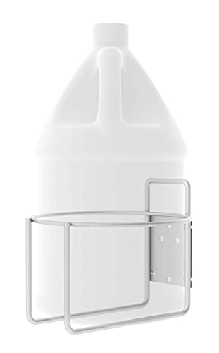 Wall Mounted Gallon Jug Holder w/ Hardware Included | Heavy Duty Steel Frame & Bracket USA Made | Round Bottle Hand Sanitizer, Soap, Detergent & Garage Storage Rack | Powder Coated White