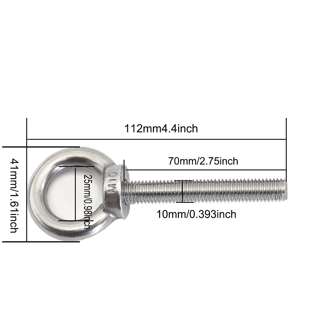 HYXXYY Shoulder Eye Bolt, M10 304 Stainless Steel Eye Bolts 3/8"x2.75" Eye Bolts Heavy Duty Screw Bolt with Washer and Nuts Set Muti-Function for Indoor Outdoor, 10mm x 70mm, 4 Pack
