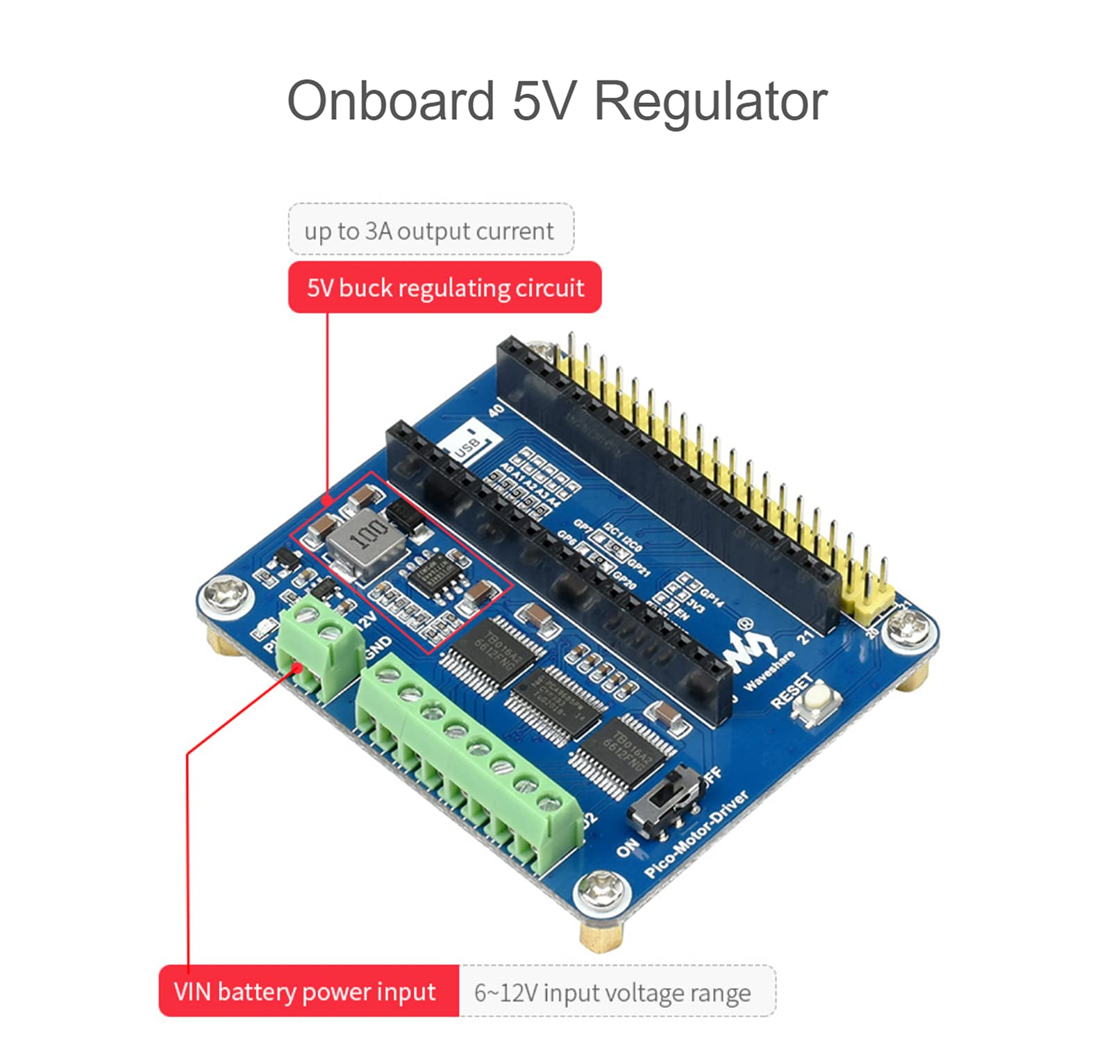 waveshare DC Motor Driver Module for Raspberry Pi Pico, Driving up to 4X DC Motors, Onboard PCA9685 PWM Driver, TB6612FNG Dual H Bridge Motor Driver and 5V Regulator, Suitable for 2WD or 4WD Driving