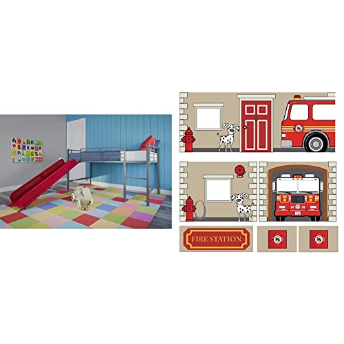 DHP Junior Twin Metal Loft Bed with Slide, Multifunctional Design, Silver with Red Slide & Fire Department Design Curtain Set for Junior Loft Bed, Kids Furniture, Blue