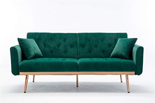 SZLIZCCC 63" Accent Sofa, Mid Century Modern Velvet Fabric Couch, Convertible Futon Sofa Bed ,Recliner Couch Accent Sofa Loveseat Sofa with Gold Metal Feet (Green)
