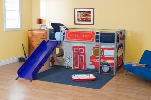 DHP Junior Twin Metal Loft Bed with Slide, Multifunctional Design, Silver with Red Slide & Fire Department Design Curtain Set for Junior Loft Bed, Kids Furniture, Blue