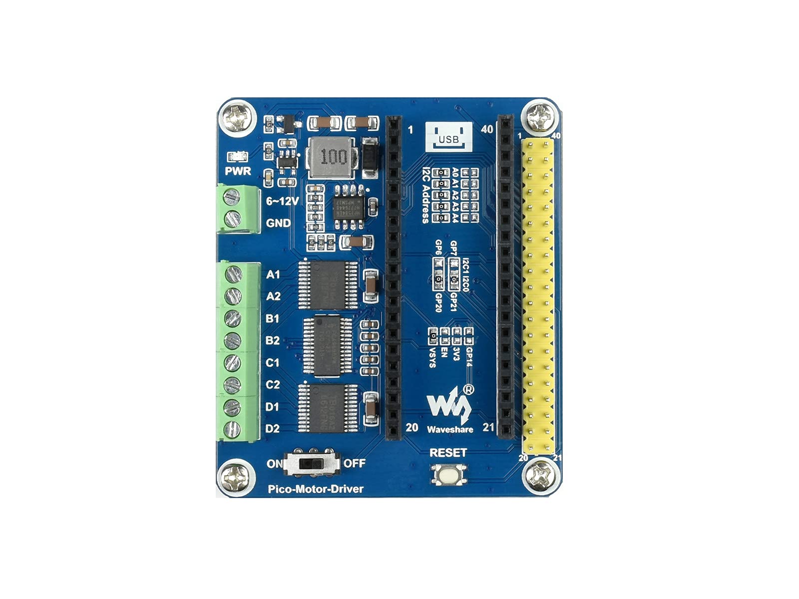waveshare DC Motor Driver Module for Raspberry Pi Pico, Driving up to 4X DC Motors, Onboard PCA9685 PWM Driver, TB6612FNG Dual H Bridge Motor Driver and 5V Regulator, Suitable for 2WD or 4WD Driving