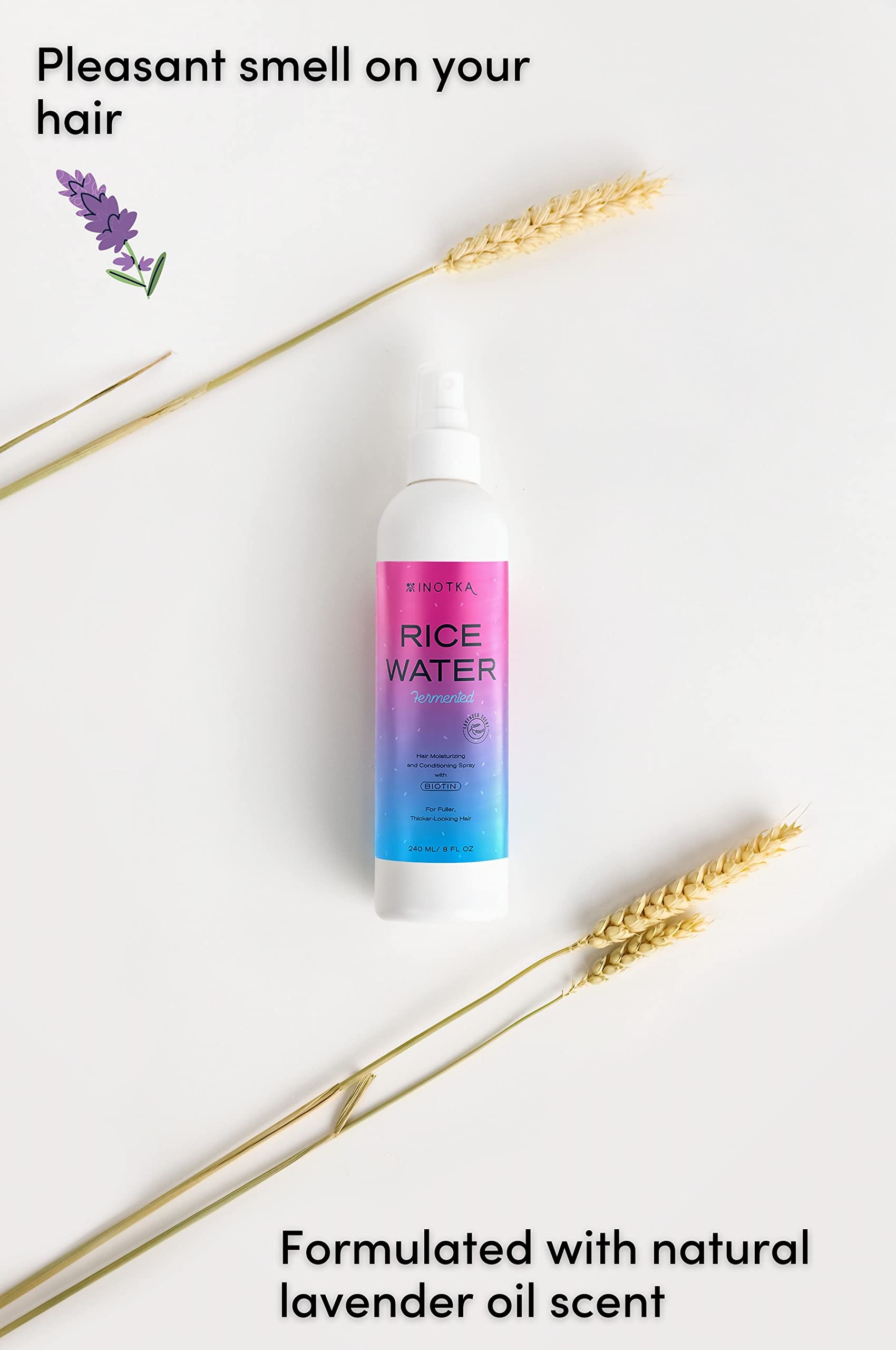 Fermented Rice Water Hair Mist for Hair Growth (8 oz) with Biotin and Lavender for Thicker and Fuller Looking Hair, Conditioning, Moisturizing, pH Balanced