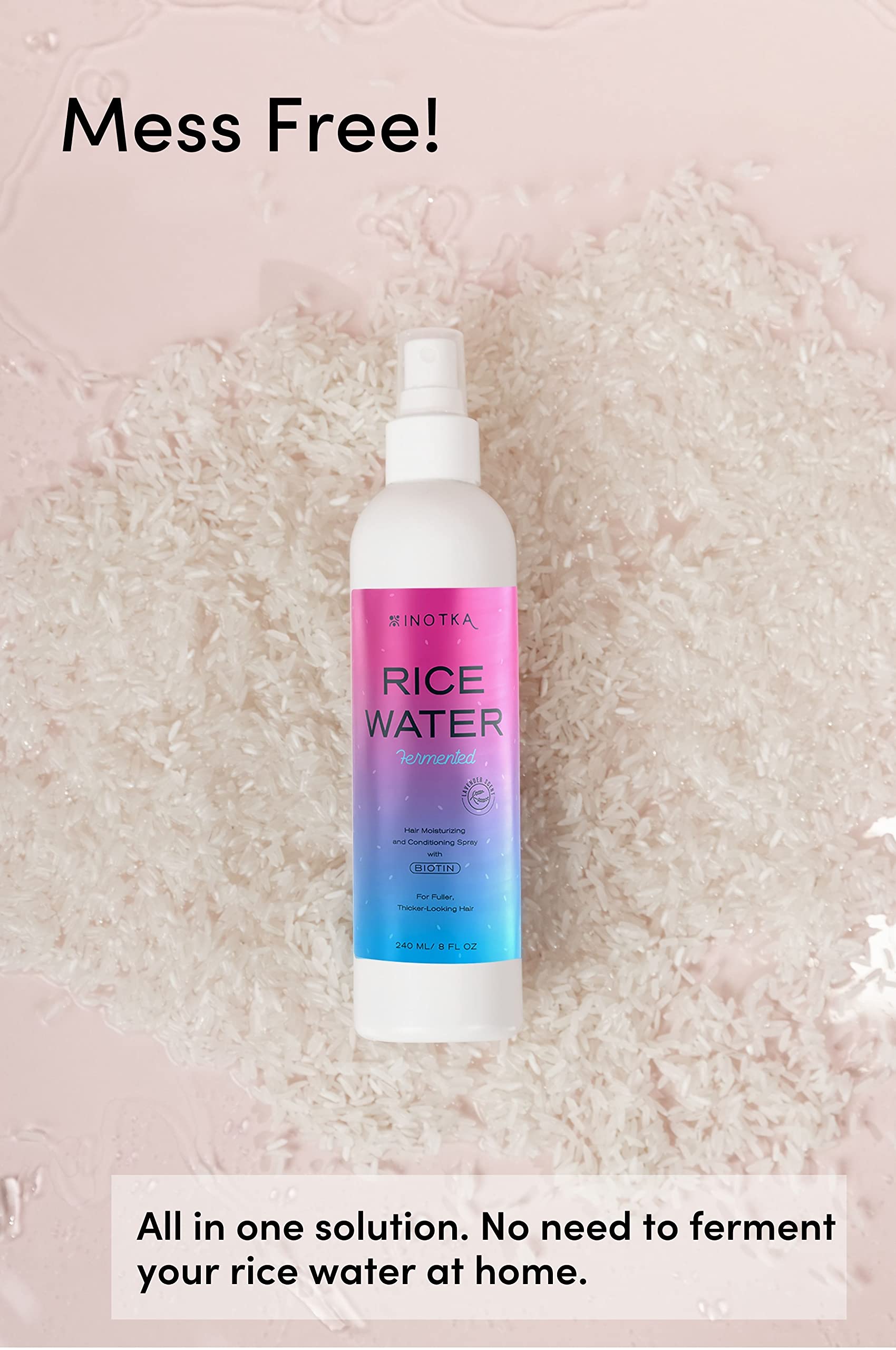 Fermented Rice Water Hair Mist for Hair Growth (8 oz) with Biotin and Lavender for Thicker and Fuller Looking Hair, Conditioning, Moisturizing, pH Balanced
