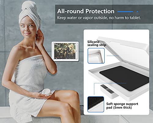 MoKo Wall Mount Shower Tablet Holder, 360 Rotation Waterproof Tablet Holder Bathroom Tablet Case Mount Shelf with Touchable Anti-Fog Screen for Tablets Up to 10.2", Fit with iPad 9 iPad Mini 6, White