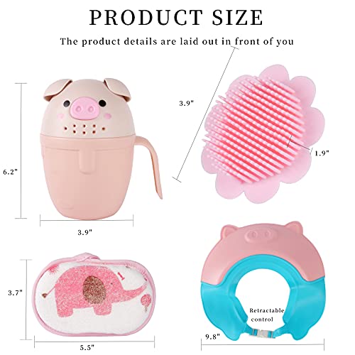 DOOBAANN Baby Bath Set,Silicone Bath Brush,Baby Shower Cap,Bath Rinse Cup,Baby Bath Sponge(Pink)