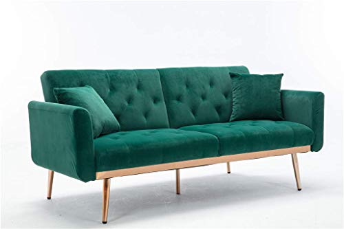 SZLIZCCC 63" Accent Sofa, Mid Century Modern Velvet Fabric Couch, Convertible Futon Sofa Bed ,Recliner Couch Accent Sofa Loveseat Sofa with Gold Metal Feet (Green)