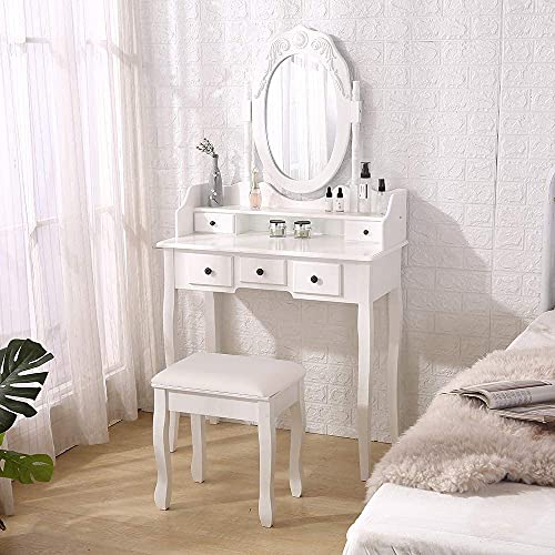 Vanity Mirror Table Set, Makeup Desk Vanity with Stool, Vintage Bedroom Vanity Lots Storage Dressing Table White for Women and Girls
