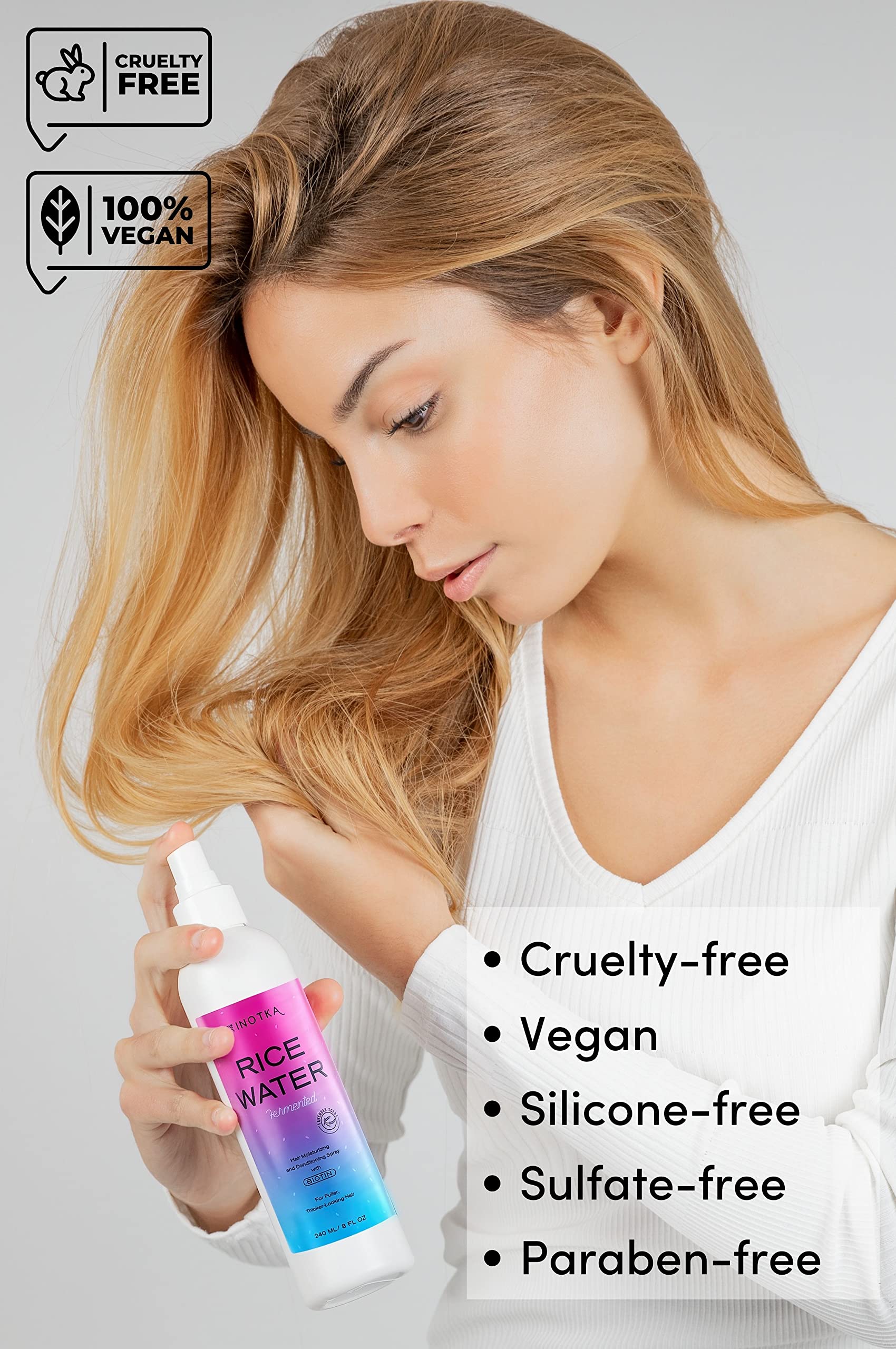 Fermented Rice Water Hair Mist for Hair Growth (8 oz) with Biotin and Lavender for Thicker and Fuller Looking Hair, Conditioning, Moisturizing, pH Balanced