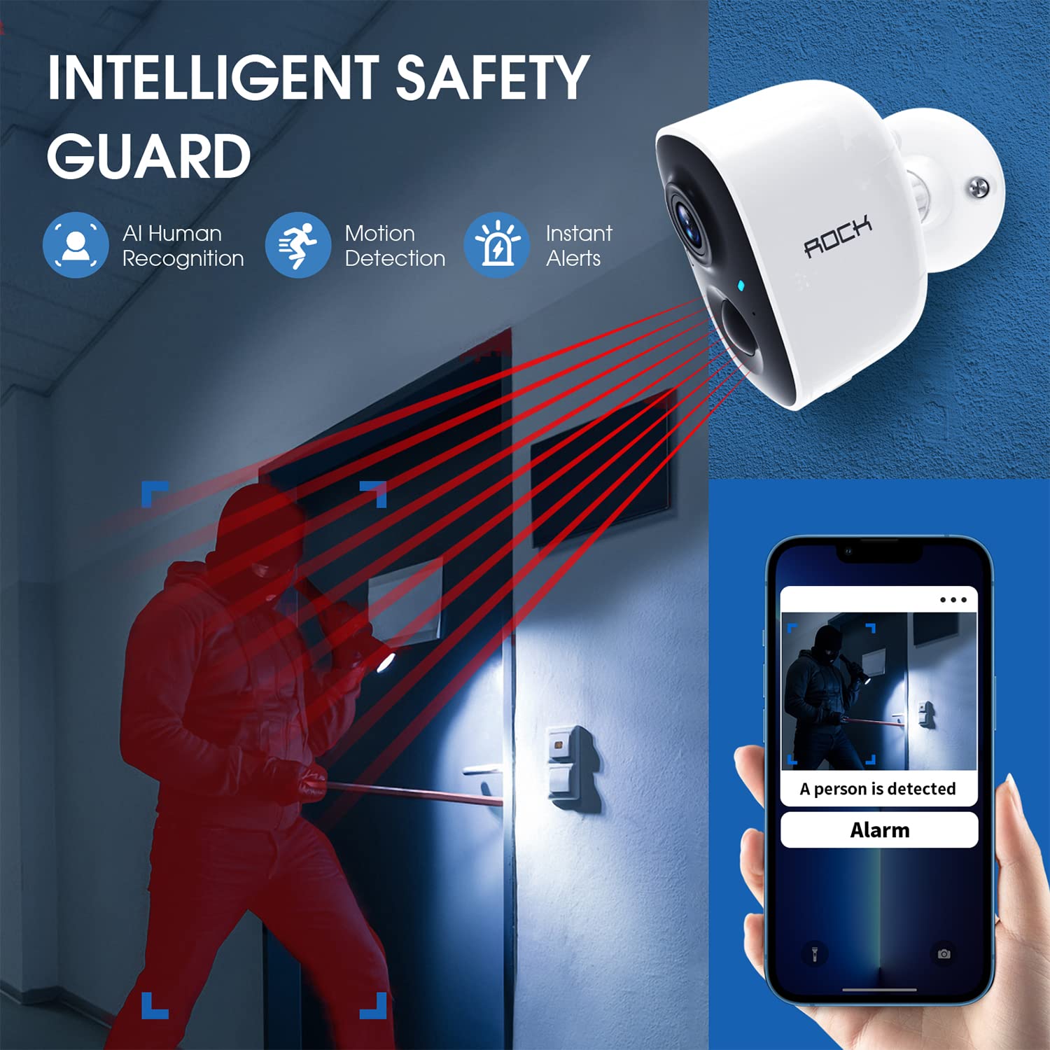 ROCK WiFi Camera Outdoor, 1080P Battery Powered AI Motion Detection, Bullet Surveillance Cameras for Home Security System with Siren Alarm, Night Vision, Waterproof Cloud/SD