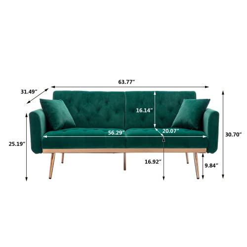 SZLIZCCC 63" Accent Sofa, Mid Century Modern Velvet Fabric Couch, Convertible Futon Sofa Bed ,Recliner Couch Accent Sofa Loveseat Sofa with Gold Metal Feet (Green)