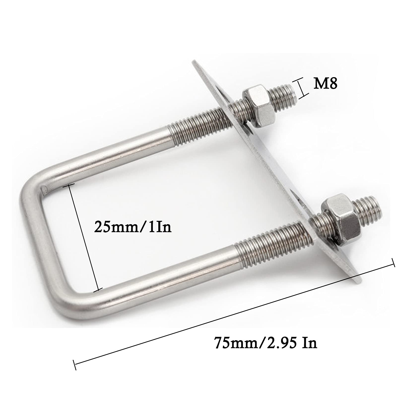M8 Stainless Steel Square U-Bolts 1"(25mm) with Nuts, Plate, Washers, Set of 4(25x75mm W*L), 4 Pack