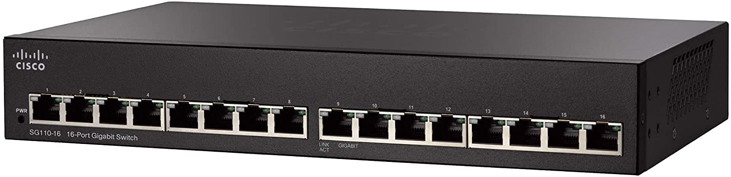 Cisco SG110-16 110 Series 16-Port Unmanaged Network Switch (SG110-16-NA) + 2 x Cat6e Fluke Tested Ethernet Cables + Microfiber Cloth Bundle