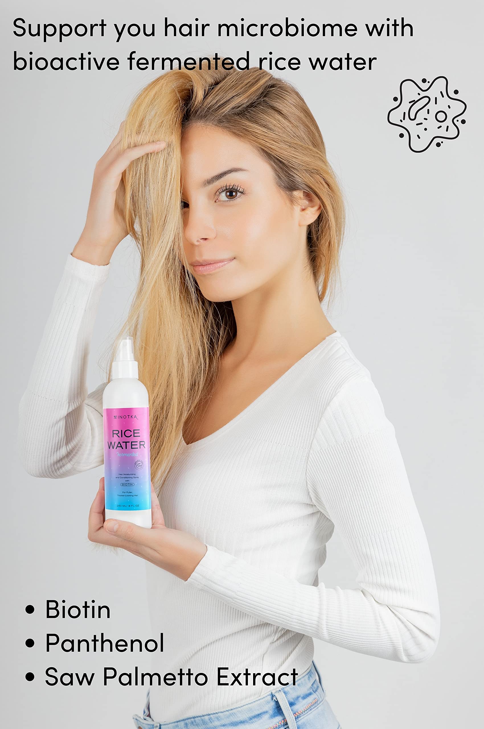 Fermented Rice Water Hair Mist for Hair Growth (8 oz) with Biotin and Lavender for Thicker and Fuller Looking Hair, Conditioning, Moisturizing, pH Balanced