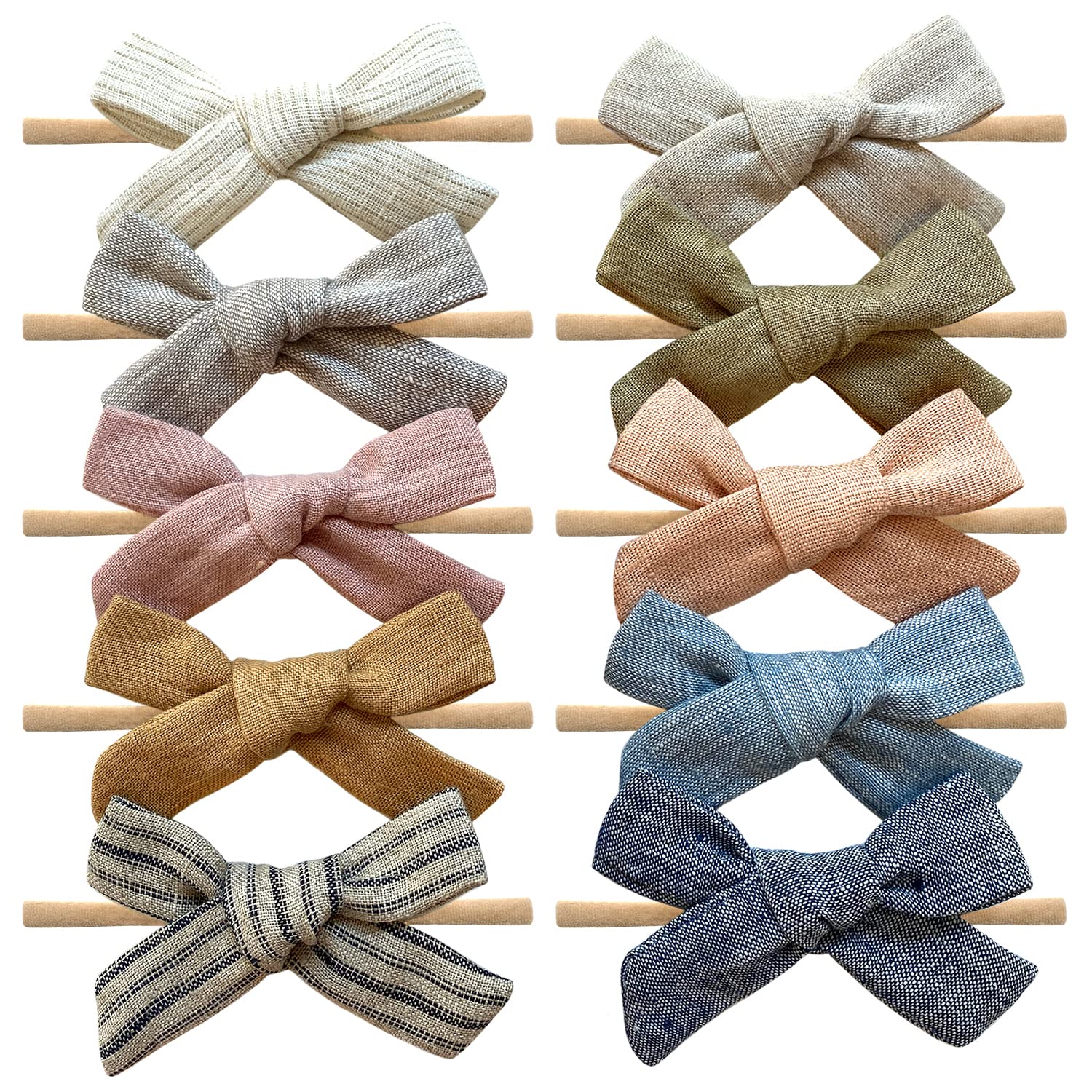 Cherssy Baby Girl 100% Original linen Bows Headbands, 10pcs Super Stretchy Nylon Hairbands For Newborn Infant Toddler
