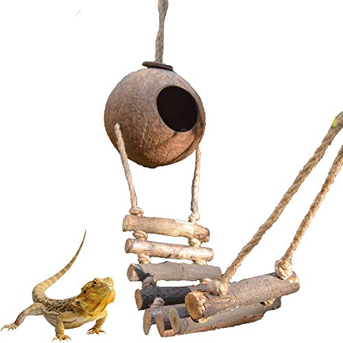 XXYWJF Gecko Coco Den with Ladder,Cave Habitat with Hanging Loop,Mini Condo for Lizards, Raw Coconut Husk Hide with Ladder,Gecko Coco den,5.1 Inches with 2.3Inches Opening Diameter