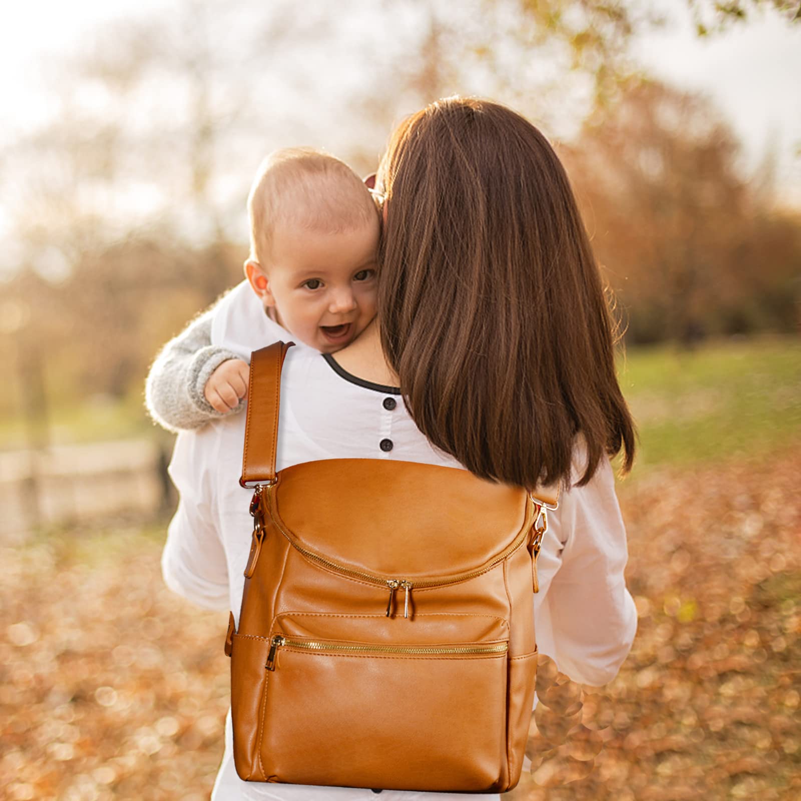 Minsong Diaper Bag Backpack,Fashion Leather Mommy Backpacks,Travel Toddler Baby Diaper Bags with in Bag Organizer and Changing Pad (Brown)