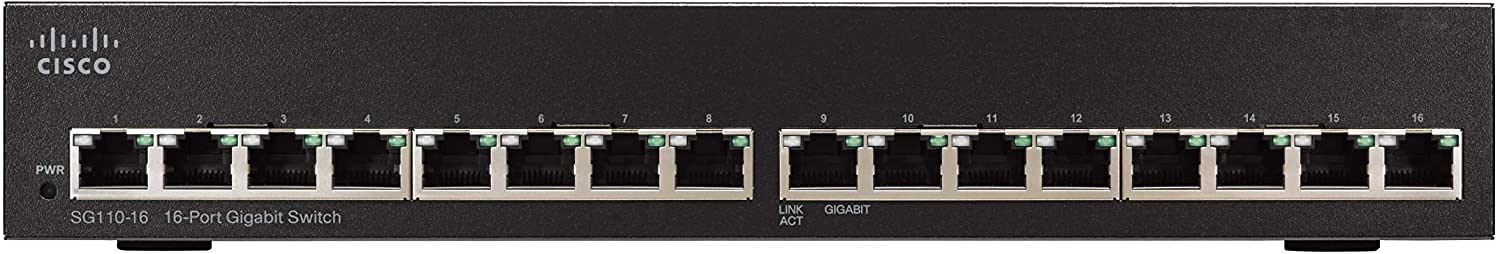 Cisco SG110-16 110 Series 16-Port Unmanaged Network Switch (SG110-16-NA) + 2 x Cat6e Fluke Tested Ethernet Cables + Microfiber Cloth Bundle