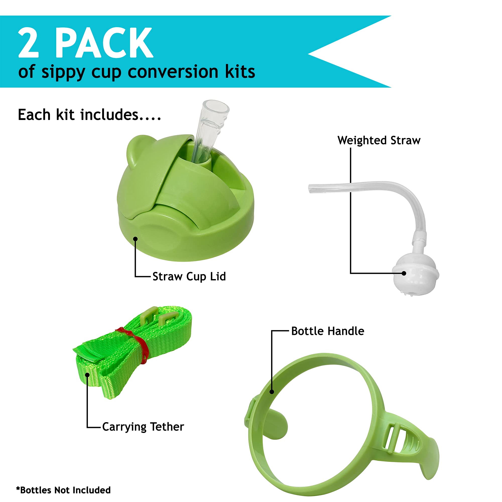 Botabee 3-in-1 Weighted Straw Sippy Cup Conversion Kit for Comotomo Baby Bottles | Compatible with Comotomo 5 Ounce & 8 Ounce Bottles | Versatile Leak-Proof Lid | Easy to Clean - Green (2 Pack)