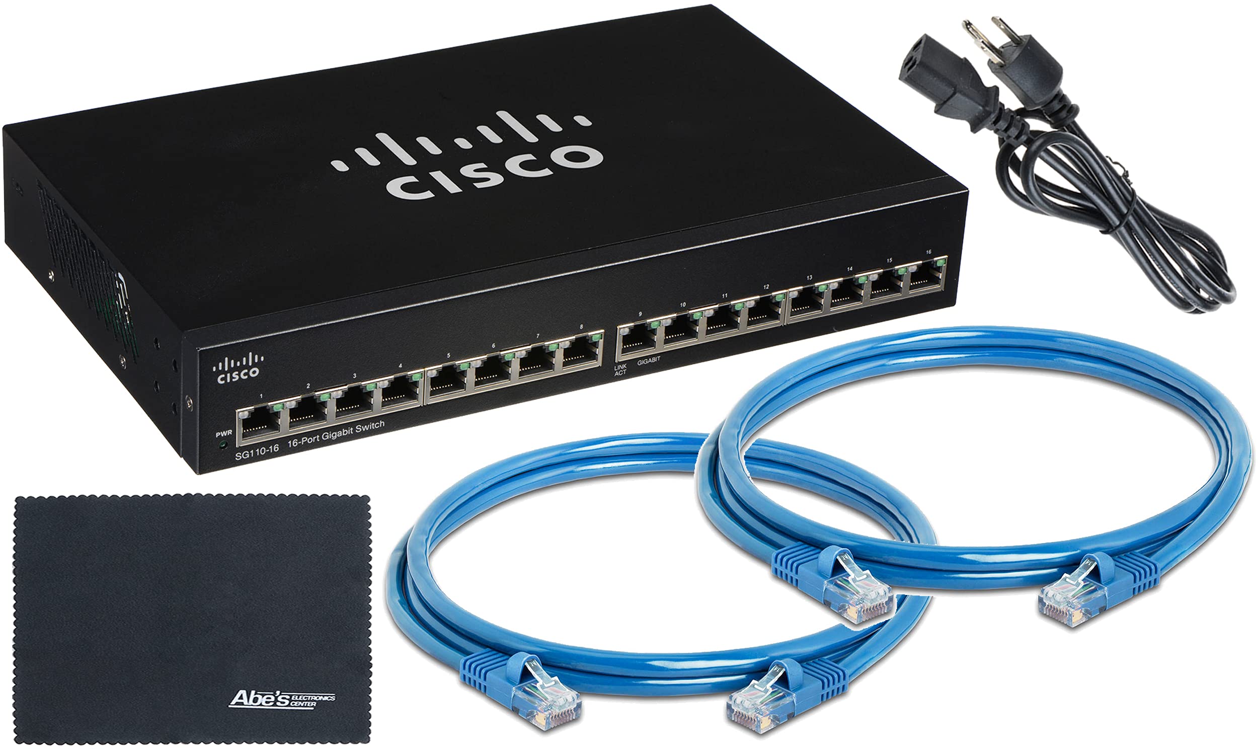 Cisco SG110-16 110 Series 16-Port Unmanaged Network Switch (SG110-16-NA) + 2 x Cat6e Fluke Tested Ethernet Cables + Microfiber Cloth Bundle