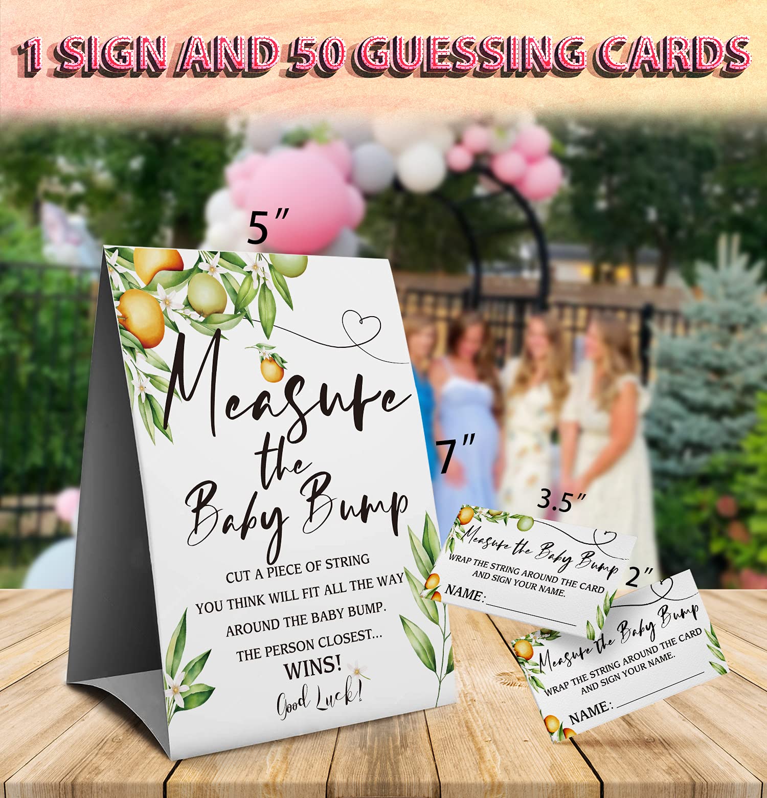 Muruseni Measure Mommy's Belly, Baby Shower Game Pack, 50 Guessing Cards, Foldable Signs, Double-Sided, 7x5 Inches, Printed on 300GSM Coated Paper, Easy to Carry and Write
