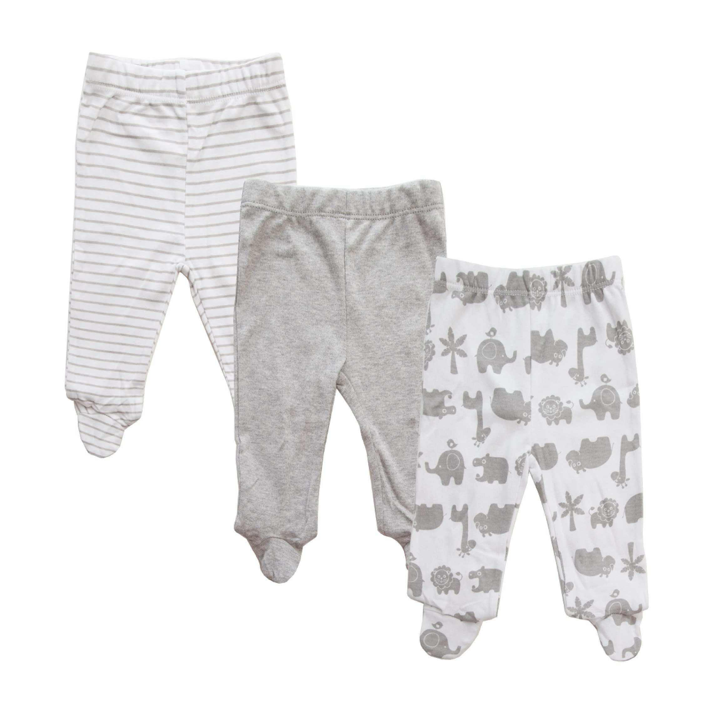 Spasilk Baby Boys' Cotton Pull on Footed Pants, Pack of 3, Gray Animals, 3 Months