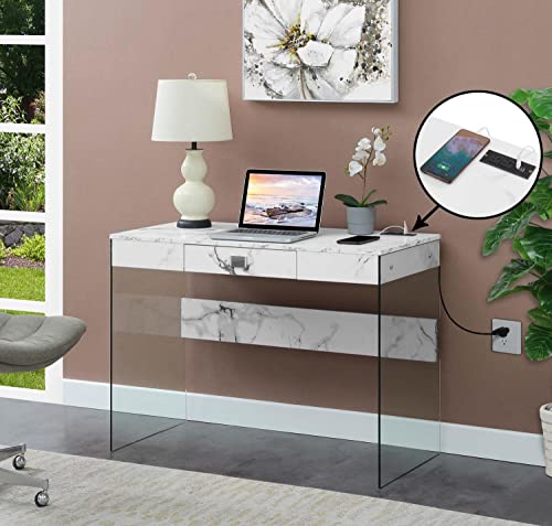 Convenience Concepts SoHo Glass Desk with Charging Station, 42", Faux White Marble