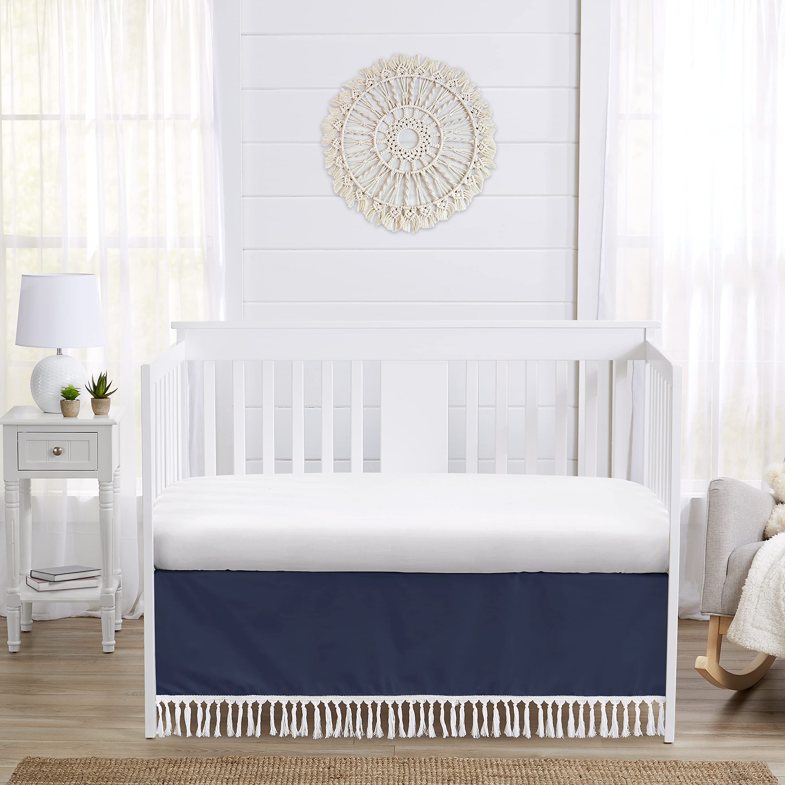 Sweet Jojo Designs Navy Boho Bohemian Boy Baby Crib Bed Skirt Nursery Dust Ruffle - Solid Color Blue and White Farmhouse Chic Minimalist Tassel Fringe Macrame Textured