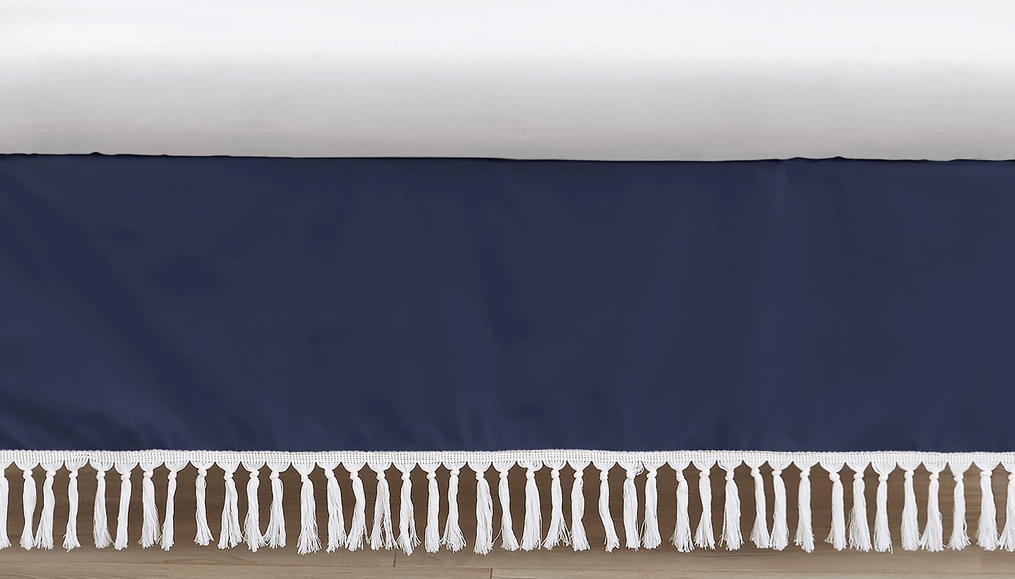 Sweet Jojo Designs Navy Boho Bohemian Boy Baby Crib Bed Skirt Nursery Dust Ruffle - Solid Color Blue and White Farmhouse Chic Minimalist Tassel Fringe Macrame Textured